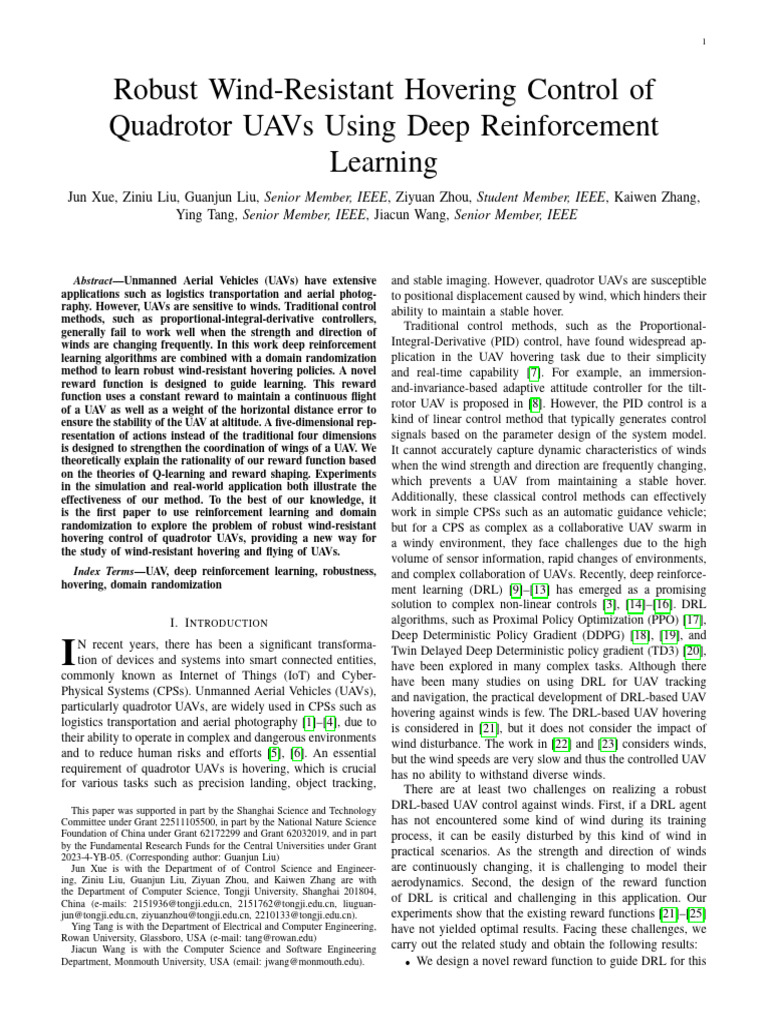 Robust Wind-Resistant Hovering Control of Quadrotor UAVs Using Deep Reinforcement Learning | PDF ...