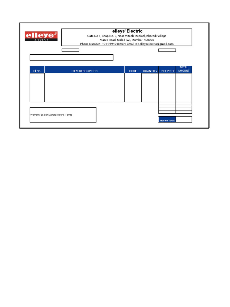 Invoice for Elleys' Electric Purchase | PDF