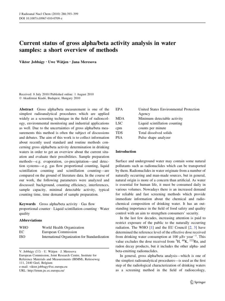 Current Status of Gross Alpha/beta Activity Analysis in Water Samples ...