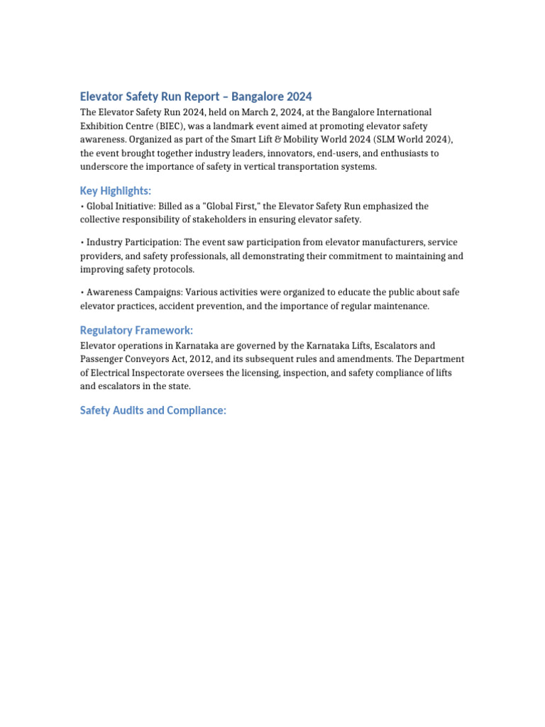 Elevator Safety Run Report Bangalore 2024 | PDF