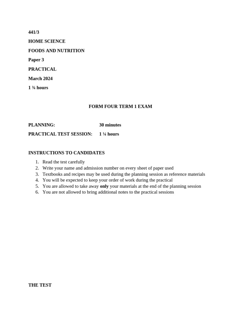 Form 4 Home Science - Paper 3 - Question Paper | PDF