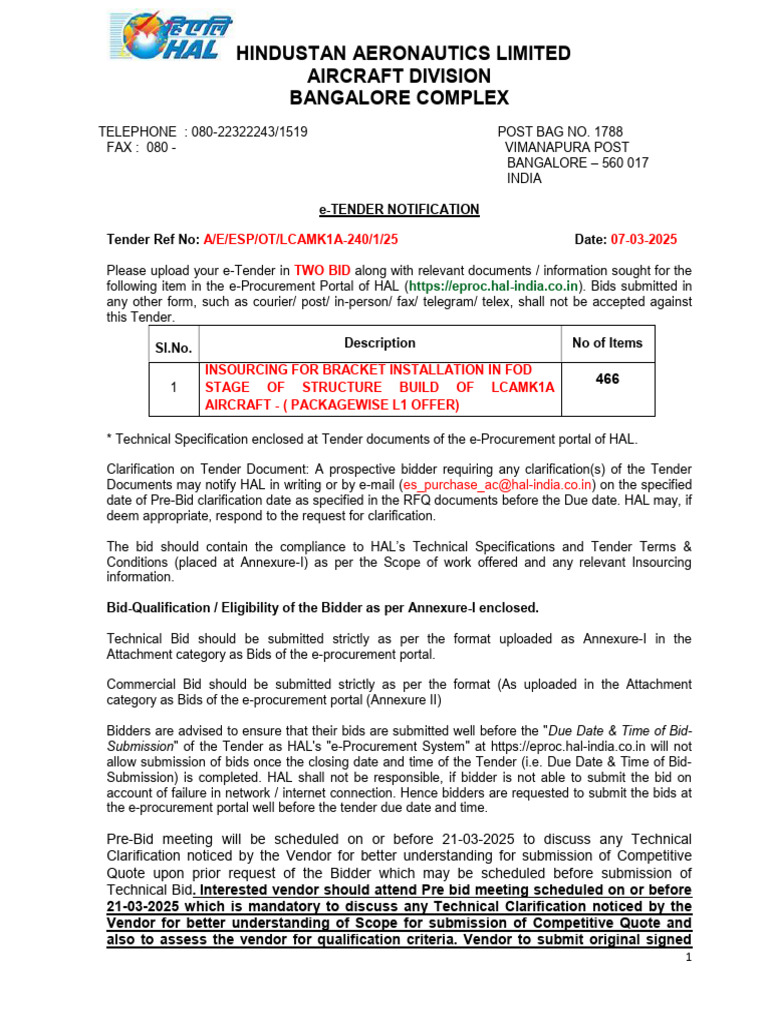 HAL e-Tender for LCAMK1A Bracket Installation | PDF