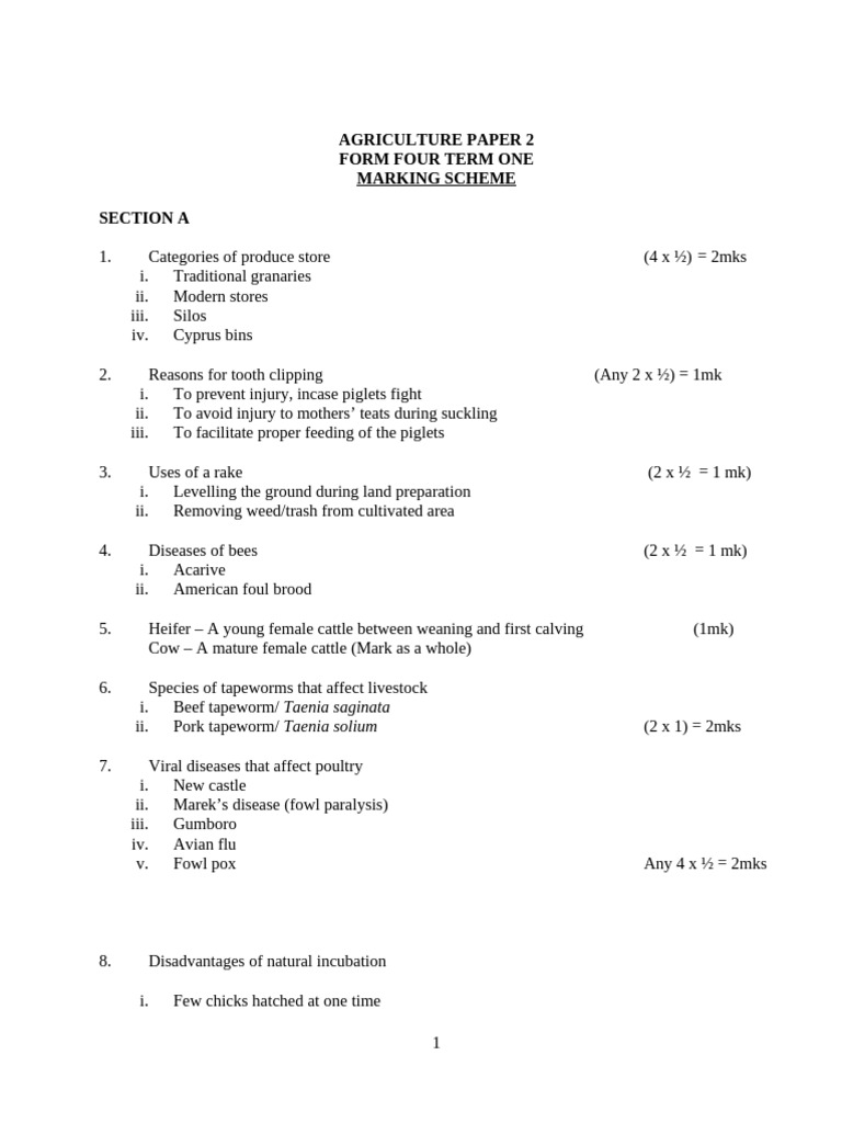 Form 4 Agriculture - Paper 2 - Marking Scheme | PDF | Diesel Engine ...