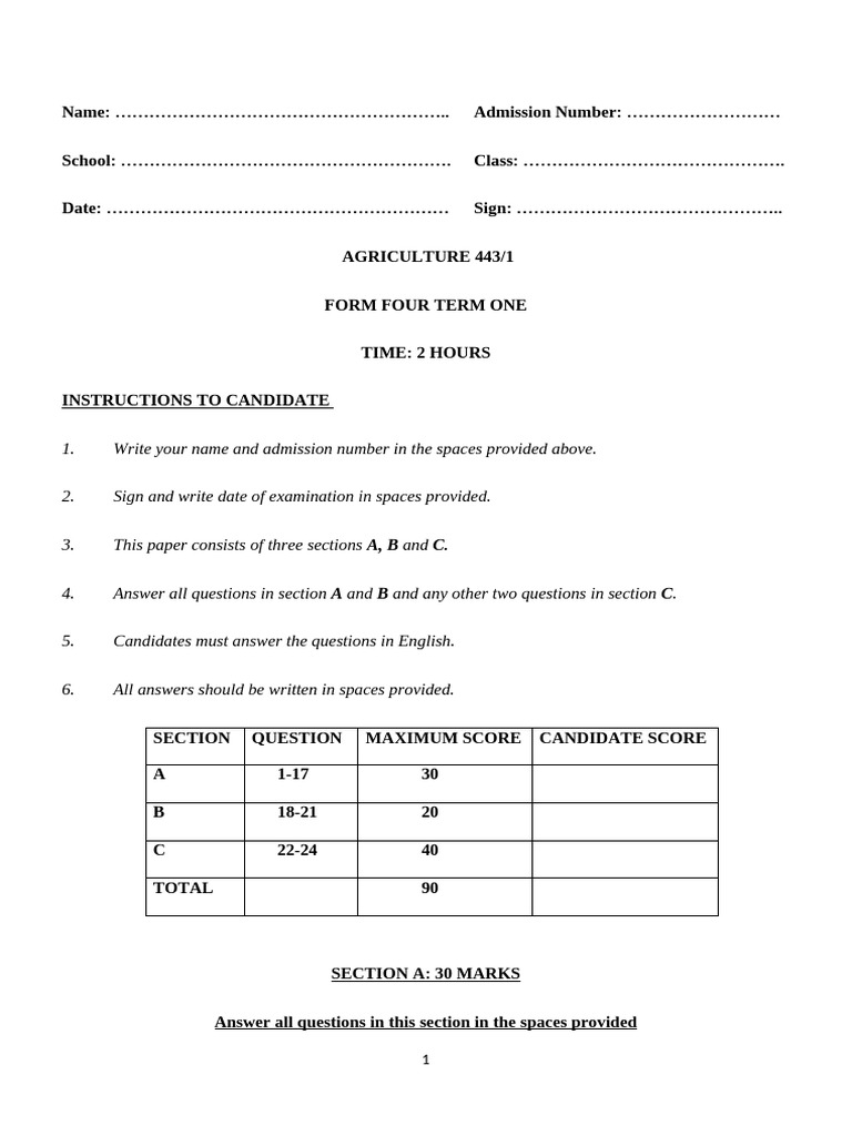 Form 4 Agriculture - Paper 1 - Question Paper | PDF | Agricultural ...