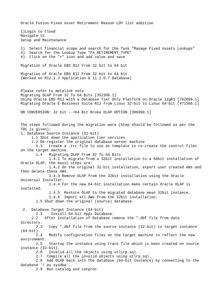 Oracle Fusion Fixed Asset Retirement Reason LOV List Addition | PDF | Databases | 64 Bit Computing