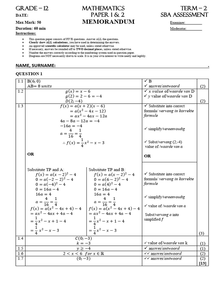 GR12 P1&2 T2 Assingment Memo | PDF | Mathematics | Applied Mathematics