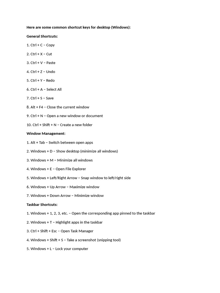 Here Are Some Common Shortcut Keys For Desktop | PDF
