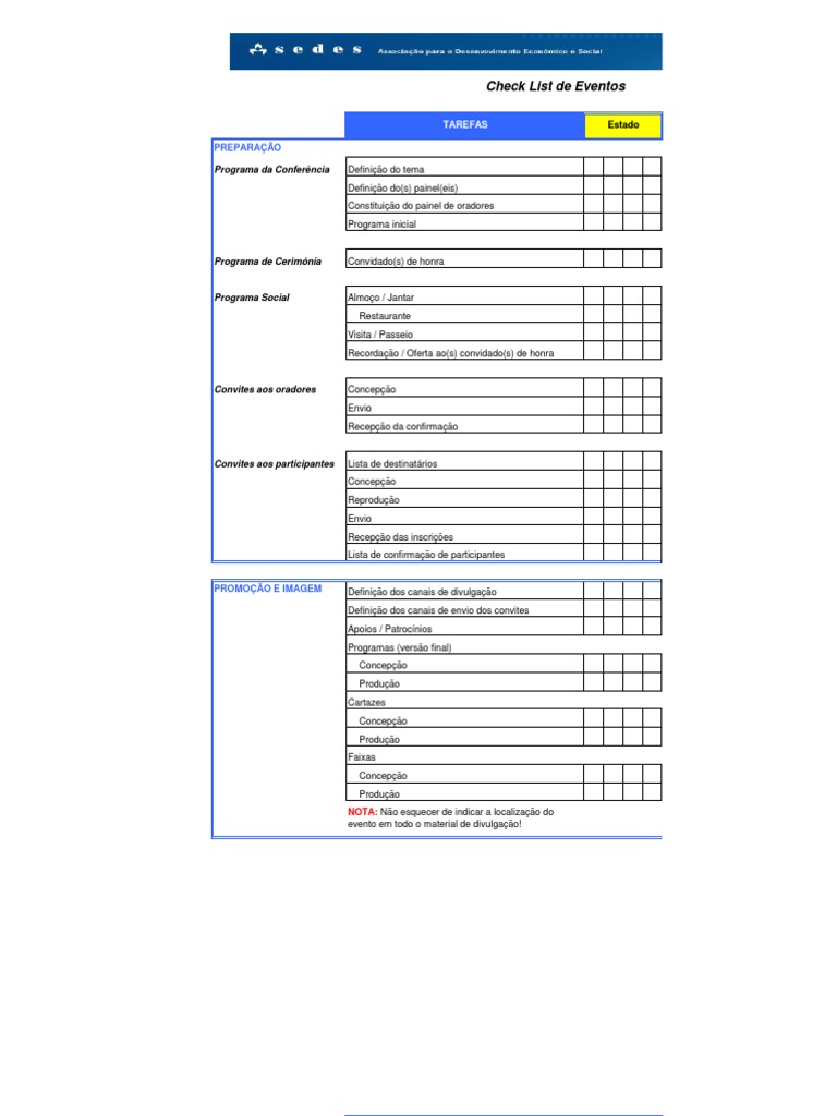 Check List de Eventos