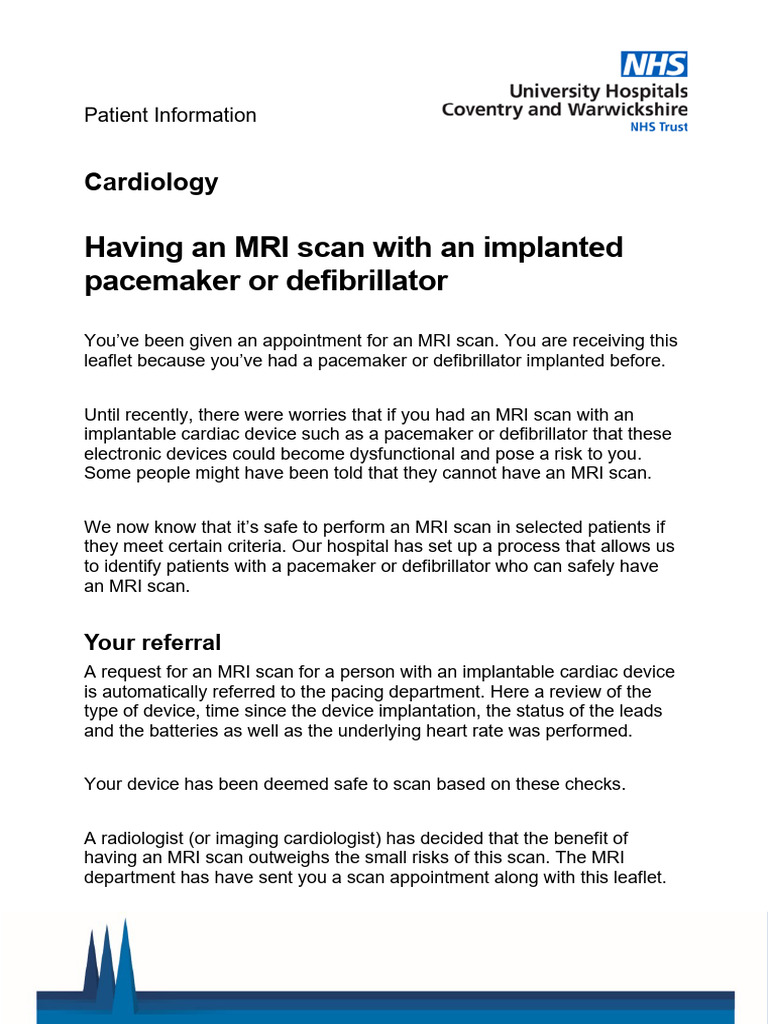 Having an MRI Scan With an Implanted Pacemaker or Defibrillator | PDF ...