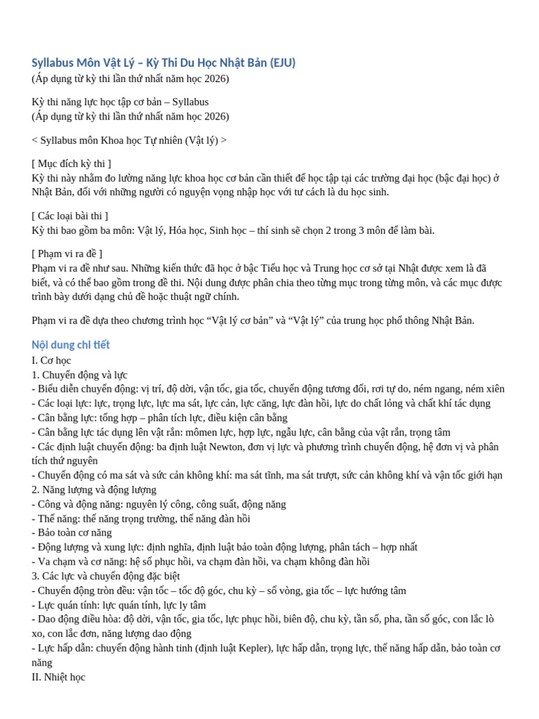Syllabus Vat Ly EJU 2026 | PDF