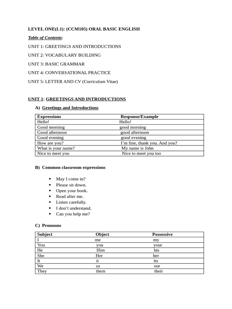 L1 BASIC ORAL ENGLISH (AutoRecovered) | PDF | Adverb | Syntactic Relationships