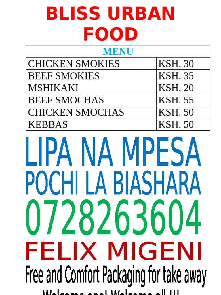 Bliss Urban Food Menu Prices | PDF