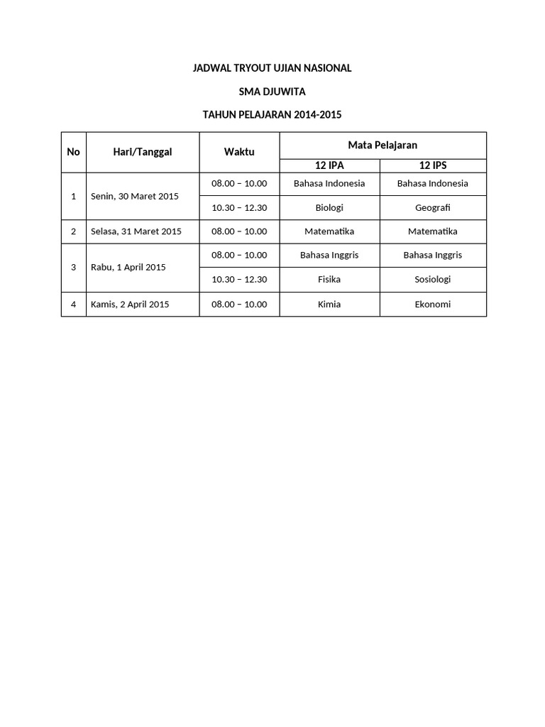 Jadwal Tryout Ujian Nasional | PDF