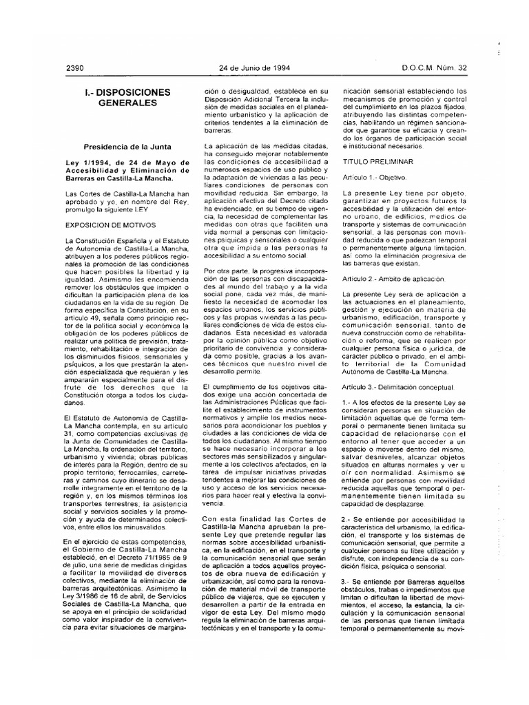 Ley 1 - 1994 Accesibilidad y Elimin Barreras CLM | PDF