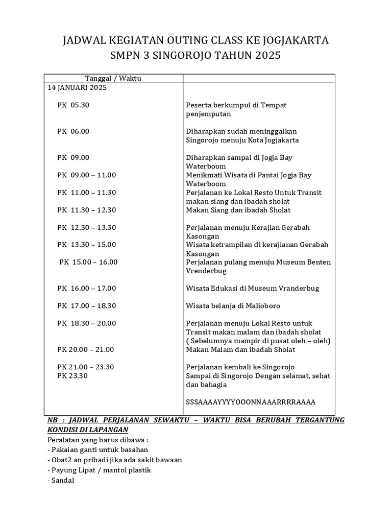 Jadwal Kegiatan Outing Class SMPN 3 Singorojo Ke Jogjakarta | PDF