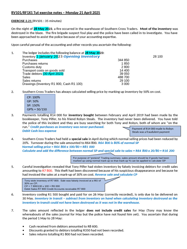RV101 Tutorial Exercise 2.21 Notes | PDF | Inventory | Debits And Credits
