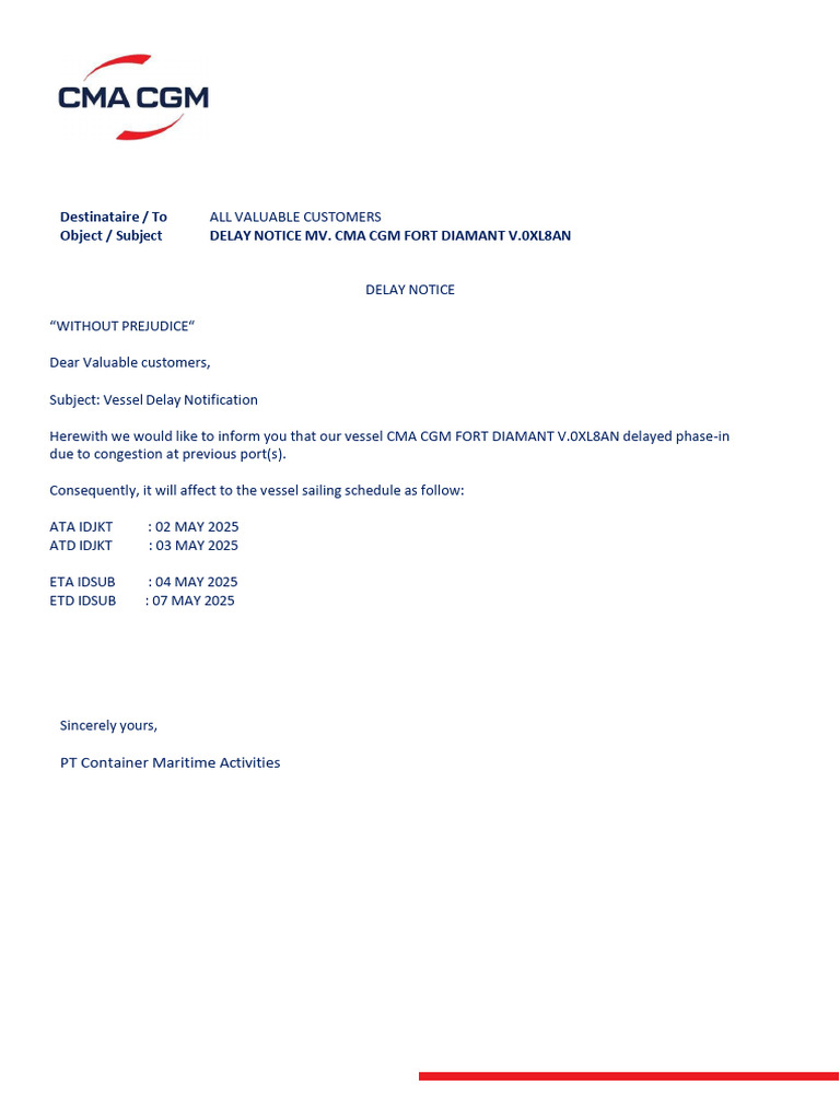 Revisi Delay Notice of Cma CGM Fort Diamant V.0xl8an | PDF