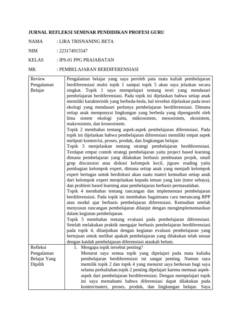 Refleksi Pembelajaran Berdiferensiasi | PDF