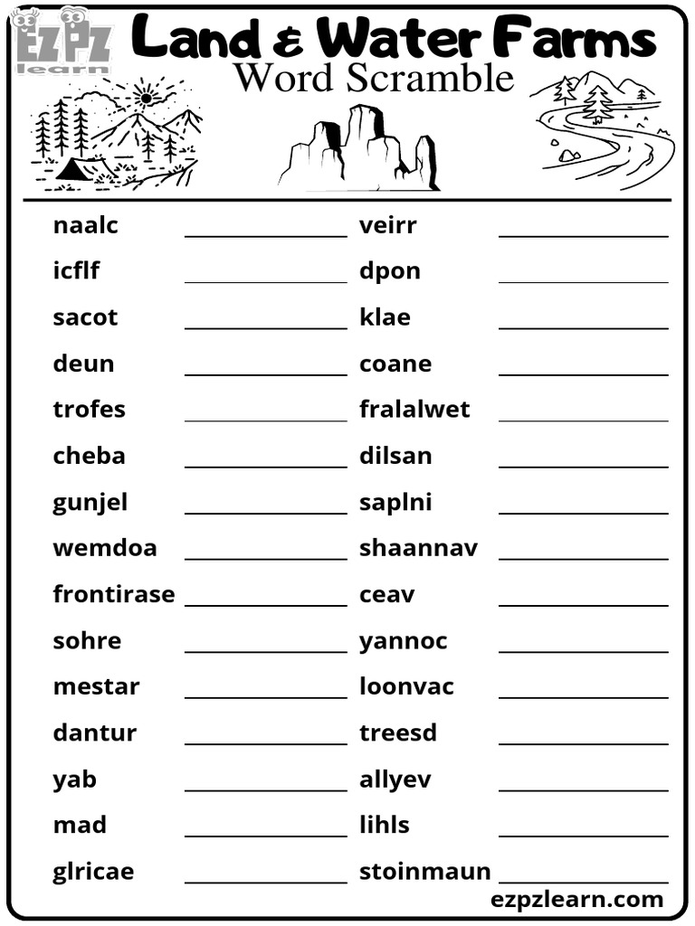 Land and Water Forms Word Scramble 30 Words | PDF