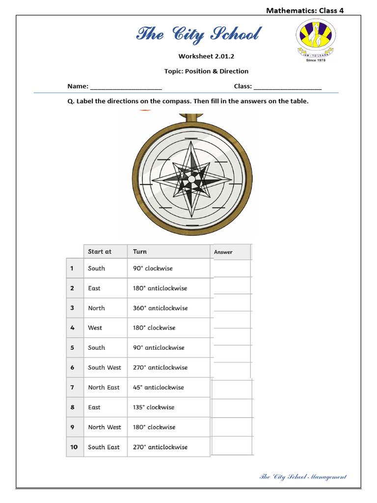 Position and Direction WS 1 Mathematics Class 4 | PDF