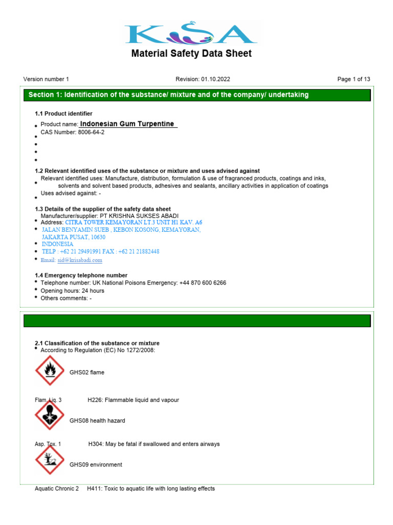 Indonesian Gum Turpentine MSDS Guide | PDF | Toxicity | Combustion