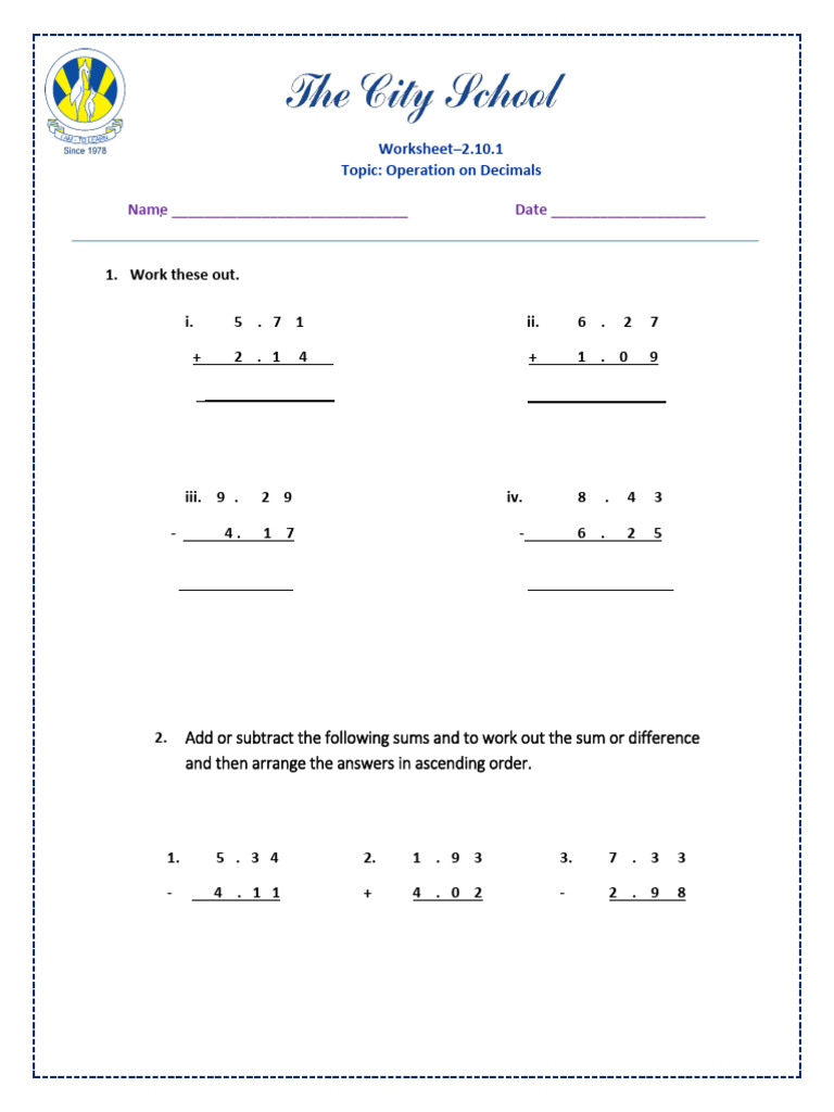Decimal Operations Worksheet | PDF