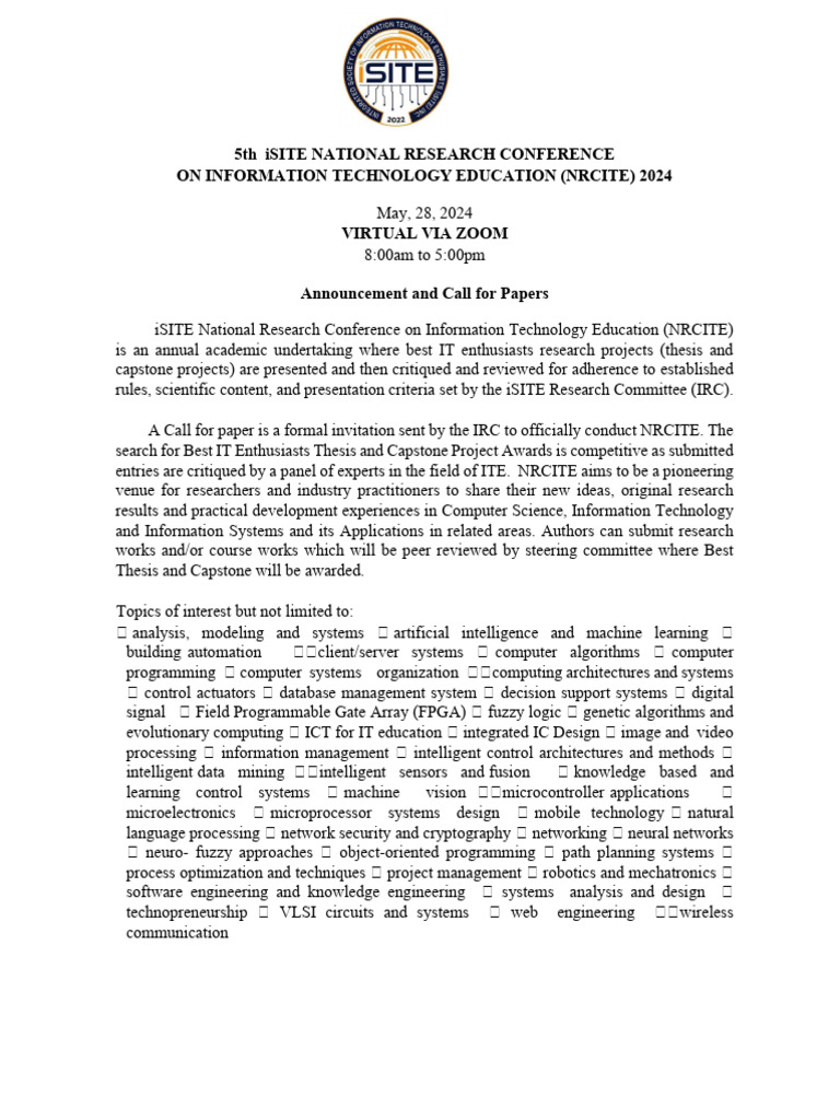 NRCITE 2024 Call for Papers | PDF | Machine Learning | Computing