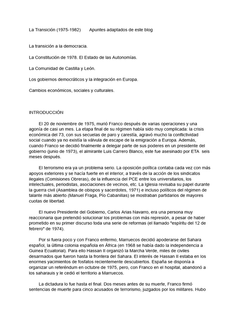 La Transición 1975 1982 Apuntes Adaptados De Este Blog Pdf