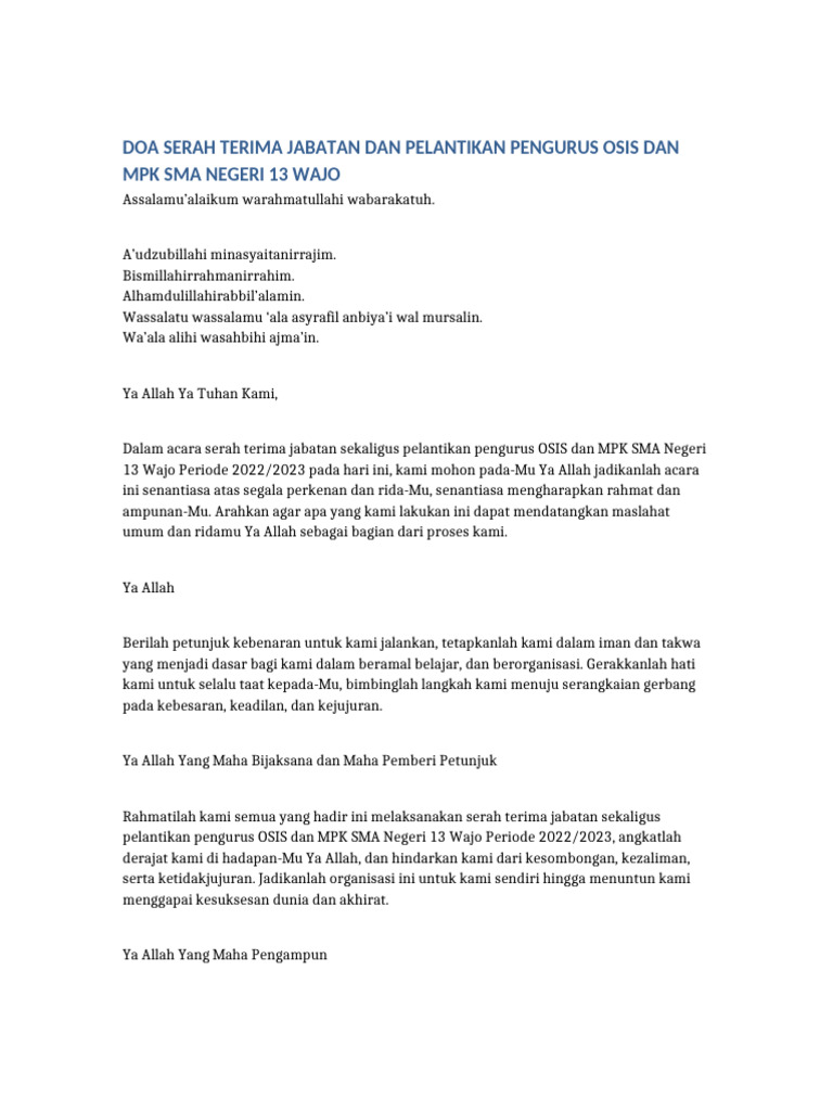 Doa Serah Terima Jabatan OSIS | PDF