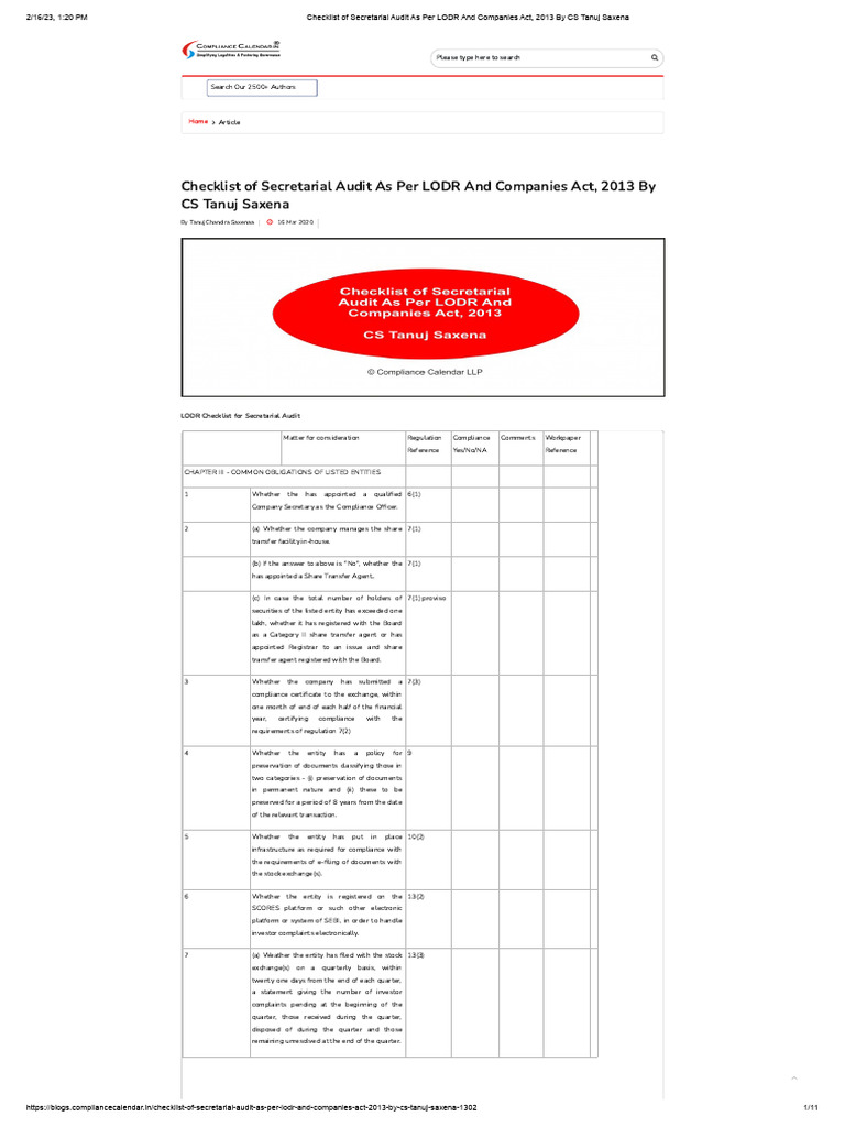 Checklist of Secretarial Audit As Per LODR and Companies Act, 2013 ...