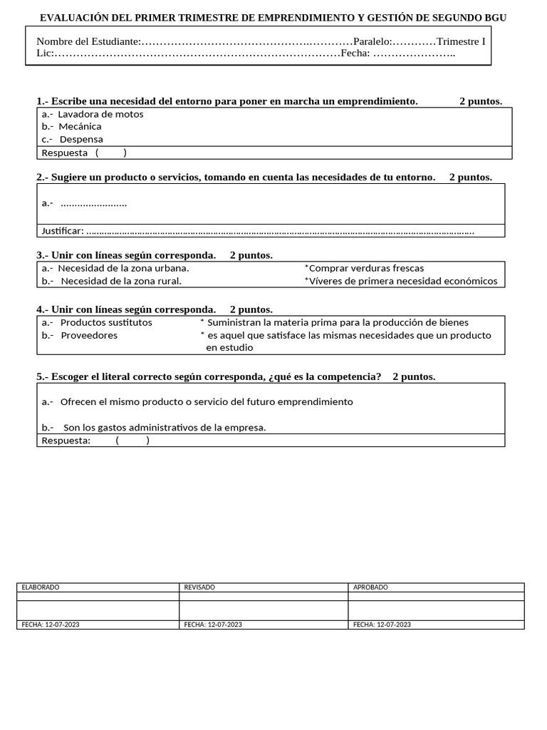 Eval Emprendi 2do Bgu Trim I | PDF
