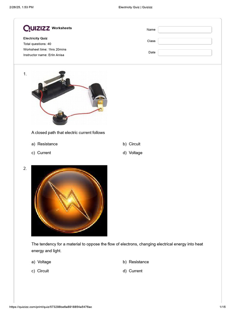 Electricity Quiz Worksheet | PDF | Series And Parallel Circuits ...