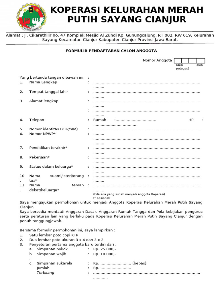 Formulir Pendaftaran Anggota A4 | PDF