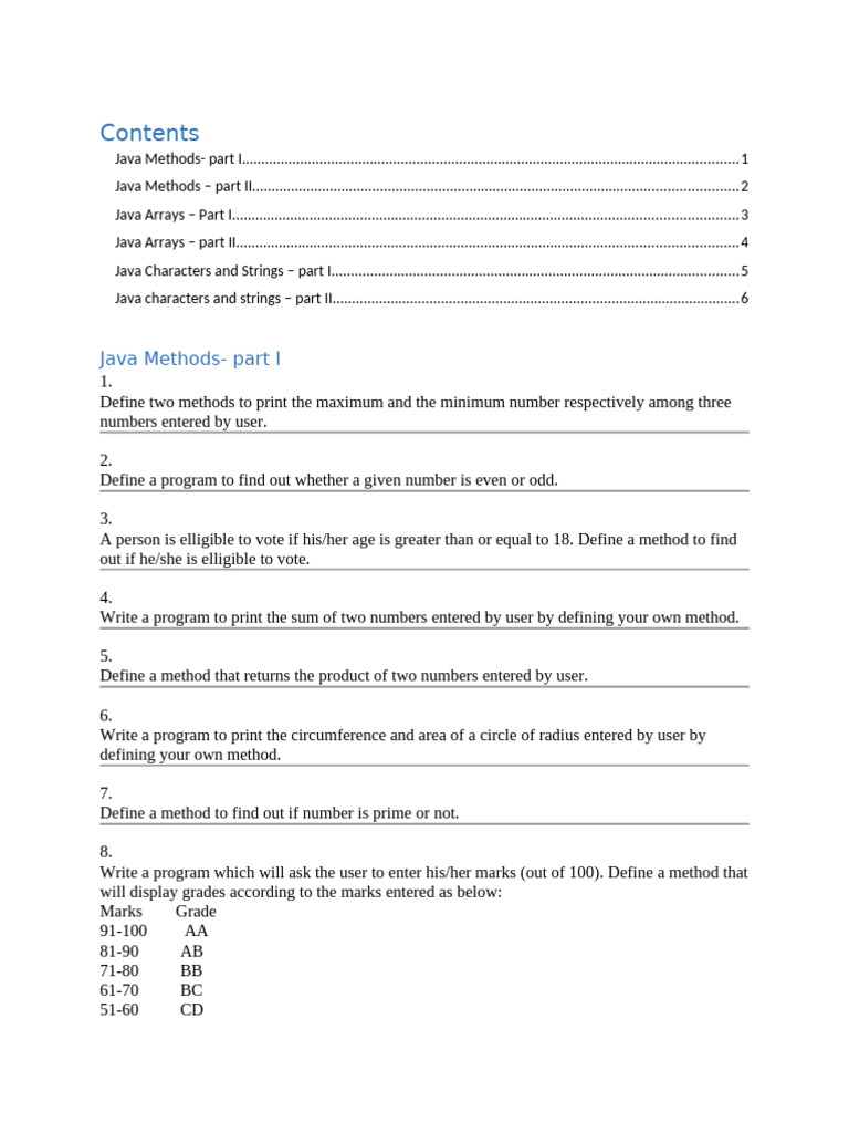 OOP Lab Part II Practice Questions Methods, Arrays, Characters | PDF | Mathematics | Elementary ...
