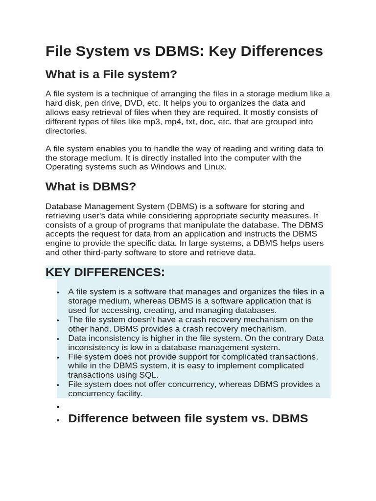 File System Vs DBMS | PDF | Databases | File System