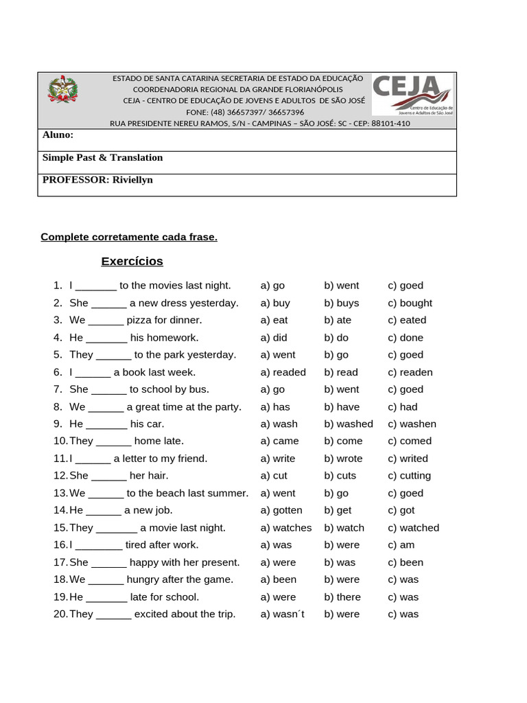 Exercicios de Fixação SIMPLE PAST | PDF