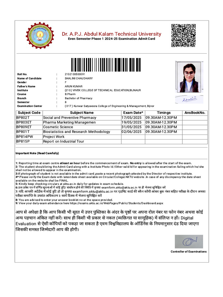 Admit Card Shalini | PDF