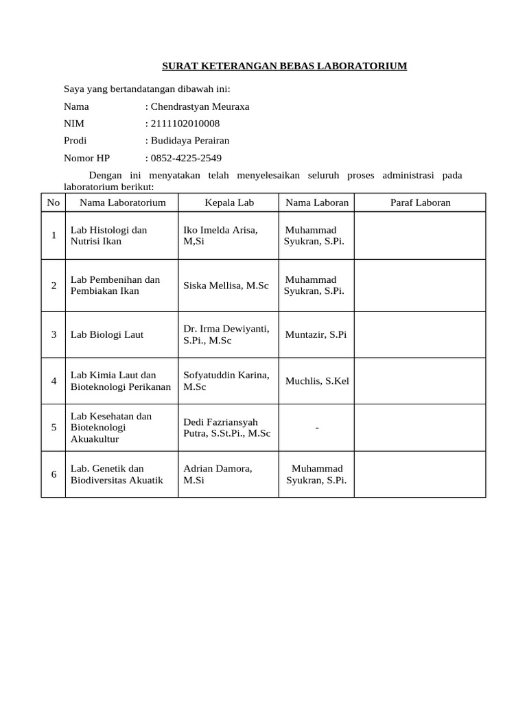 Surat Keterangan Bebas Laboratorium | PDF