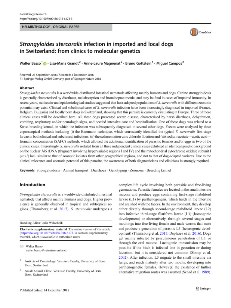 Strongyloides stercoralis in Dogs in Switzerland | PDF | Medical ...