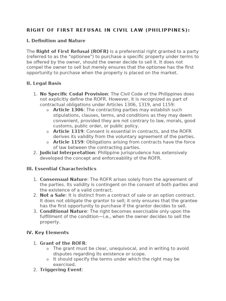 Right of First Refusal in Philippine Law | PDF | Common Law | Private Law