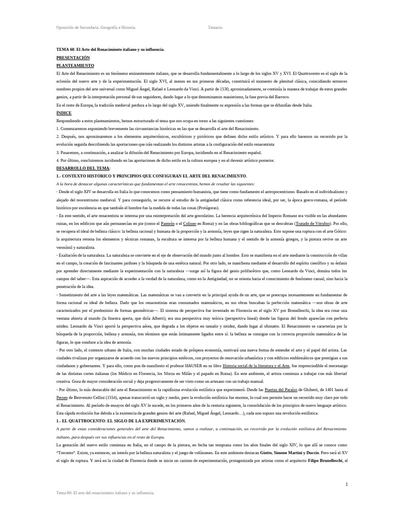 Tema 60 Arte Renacimiento | PDF | Renacimiento | Miguel Ángel
