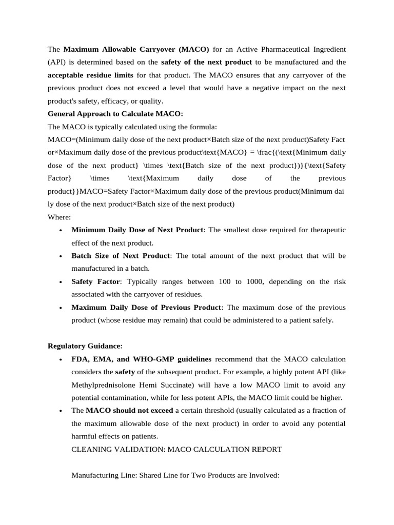 MACO Calculation for Pharmaceutical Safety | PDF | Dose (Biochemistry ...