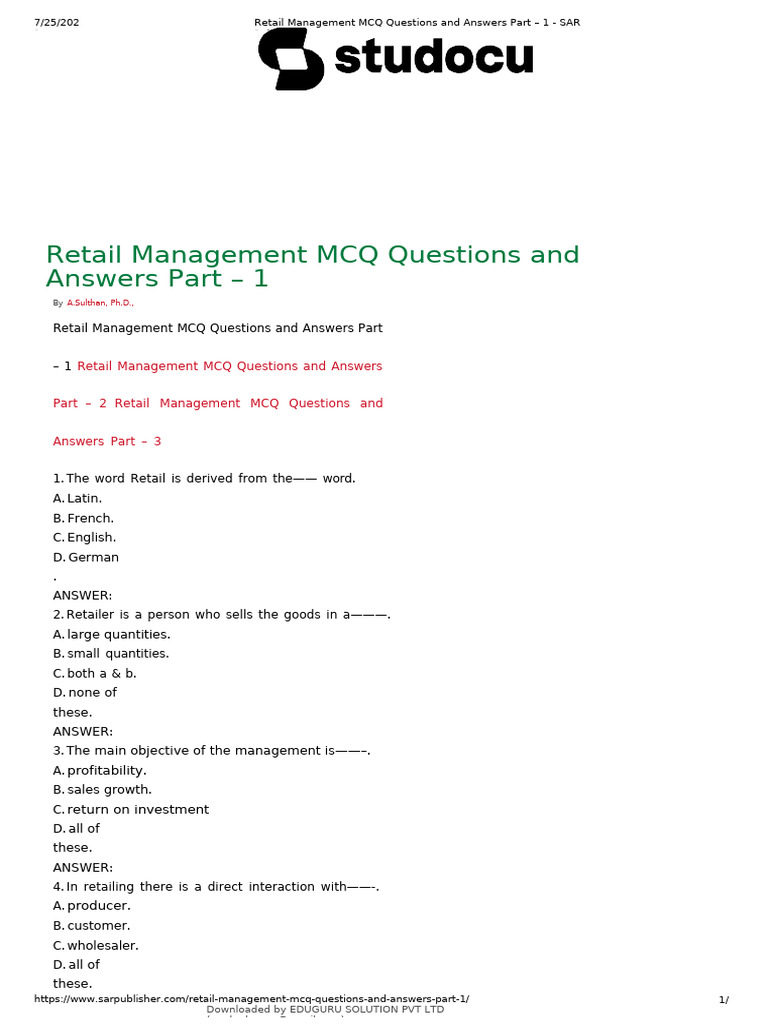 Retail Management MCQ Questions and Answers Part 1 Sar Publisher | PDF ...