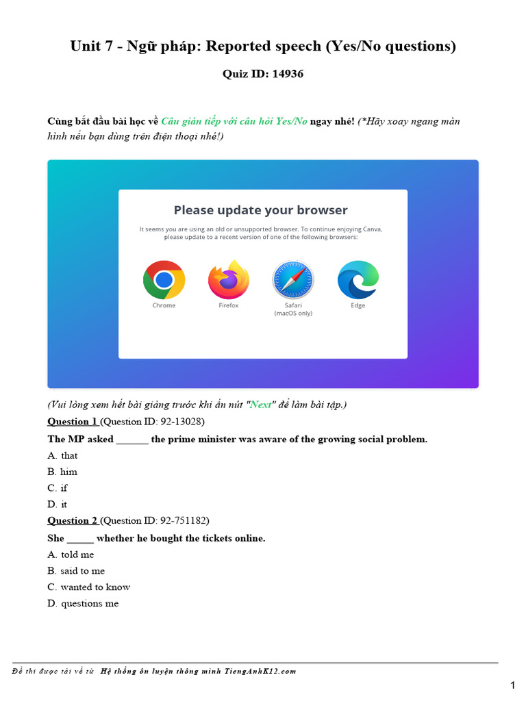 Quiz - 14936 - Unit 7 - Ngu Phap Reported Speech Yesno Questions | PDF