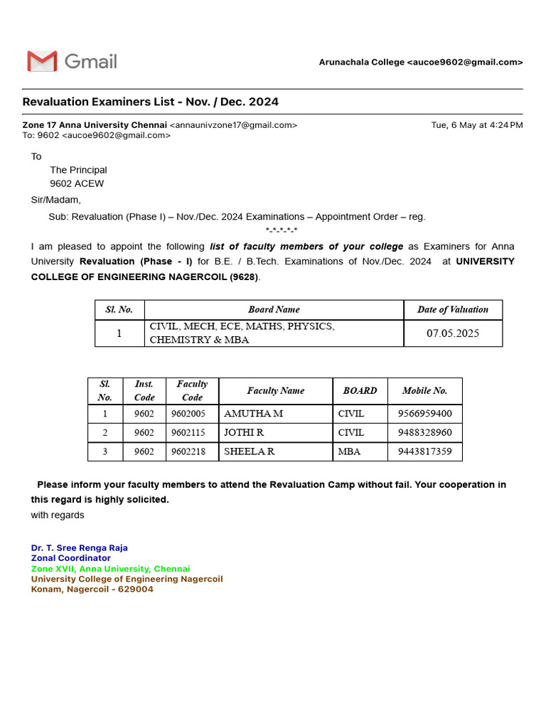 Revaluation Examiners List - Nov. Dec. 2024 | PDF