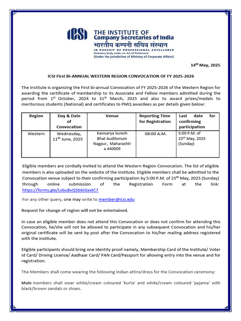 ICSI First Bi Annual Western Region Convocation On 11th June 2025 at ...