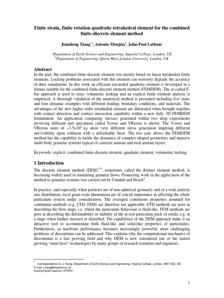Version2 - Finite Strain Finite Rotation Quadratic Tetrahedron Element For The Combined Finite ...