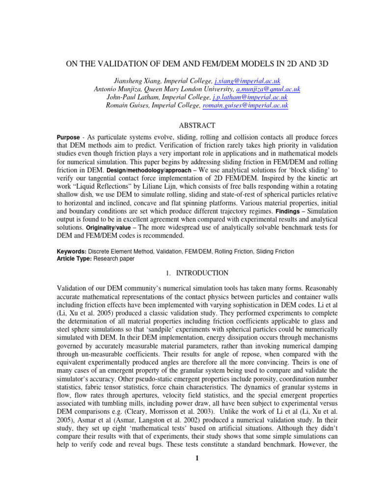 JXiang - ON THE VALIDATION OF DEM AND FEDEM MODELS IN 2D AND 3D | PDF | Force | Friction