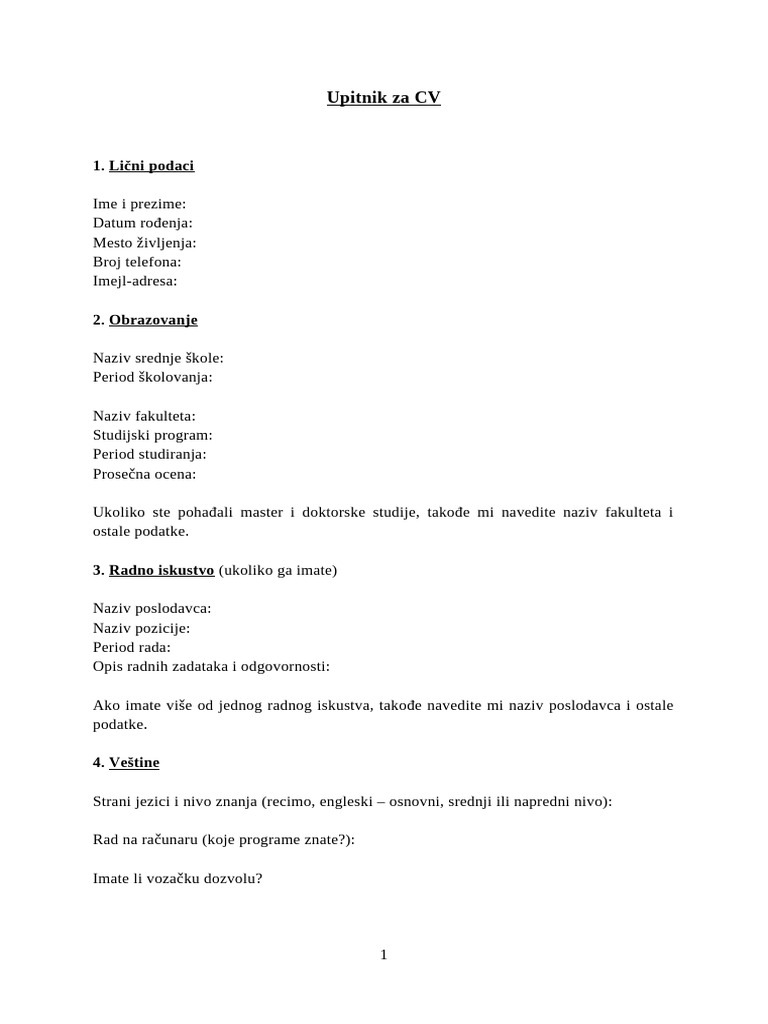 Upitnik Za CV | PDF