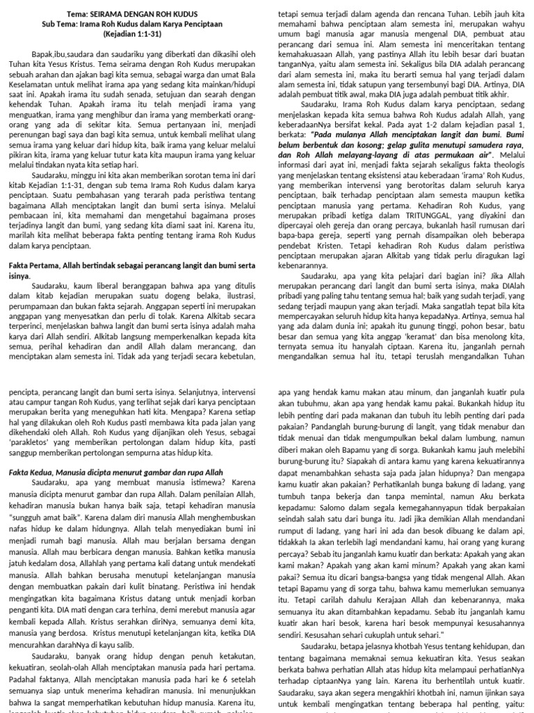 Irama Roh Kudus Dalam Karya Penciptaan | PDF